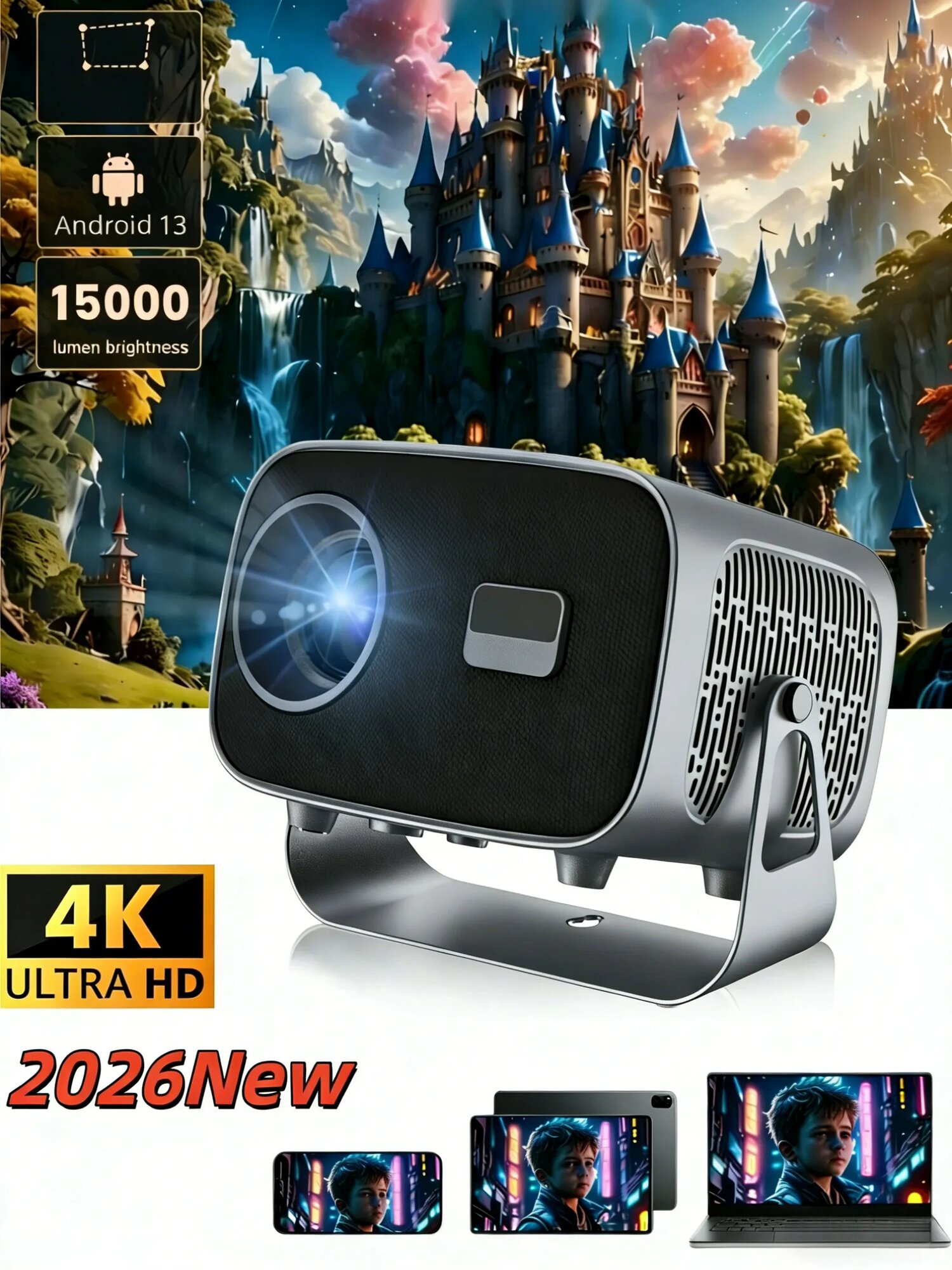 PICCO проектор 4K Ultra HD с Android TV 13, 360° вращение, 15000 люмен, авто-коррекция трапеции, Wi-Fi/Bluetooth 5.0