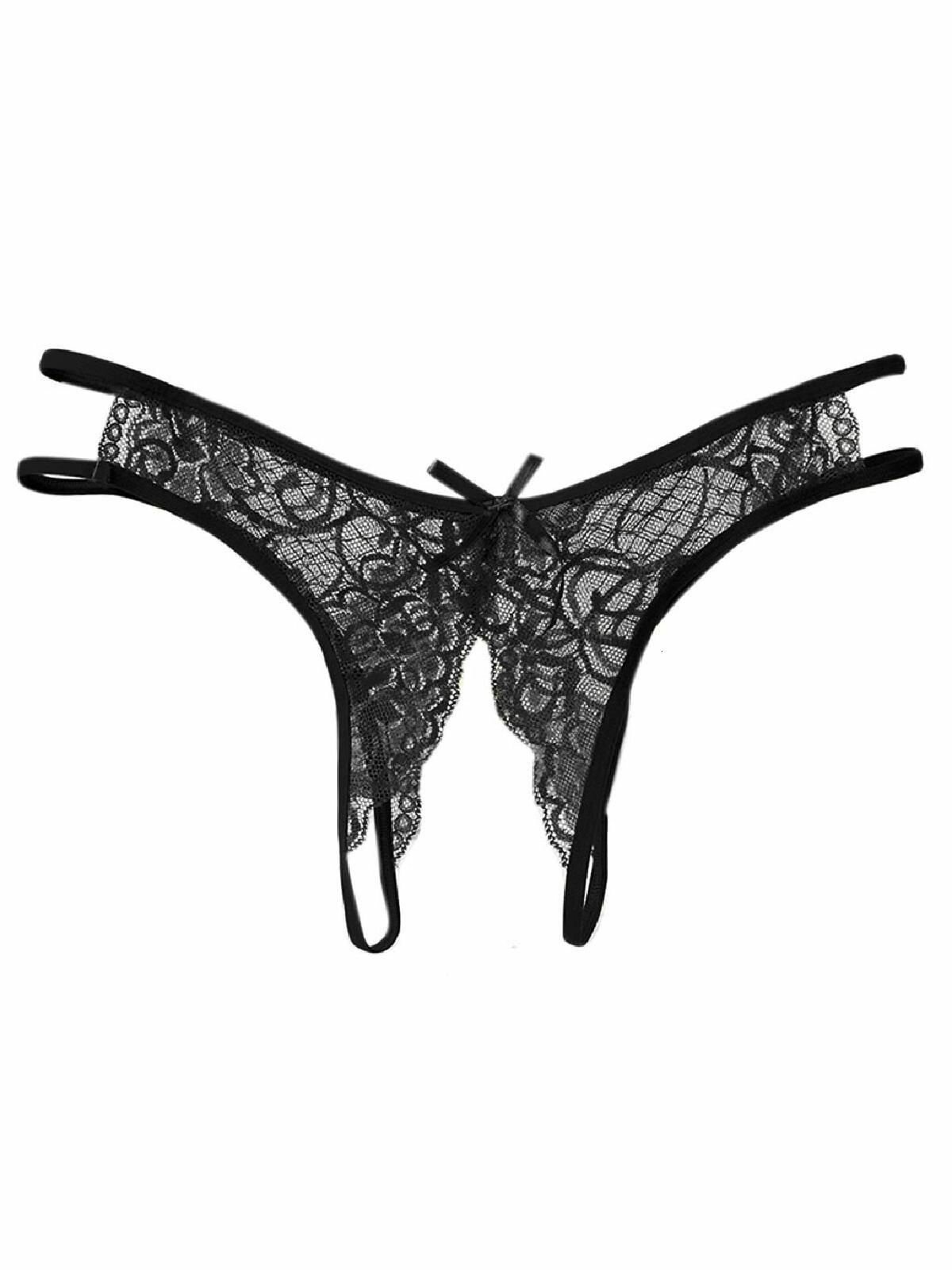 Кружевные соблазнительные стринги с открытой промежностью-черные