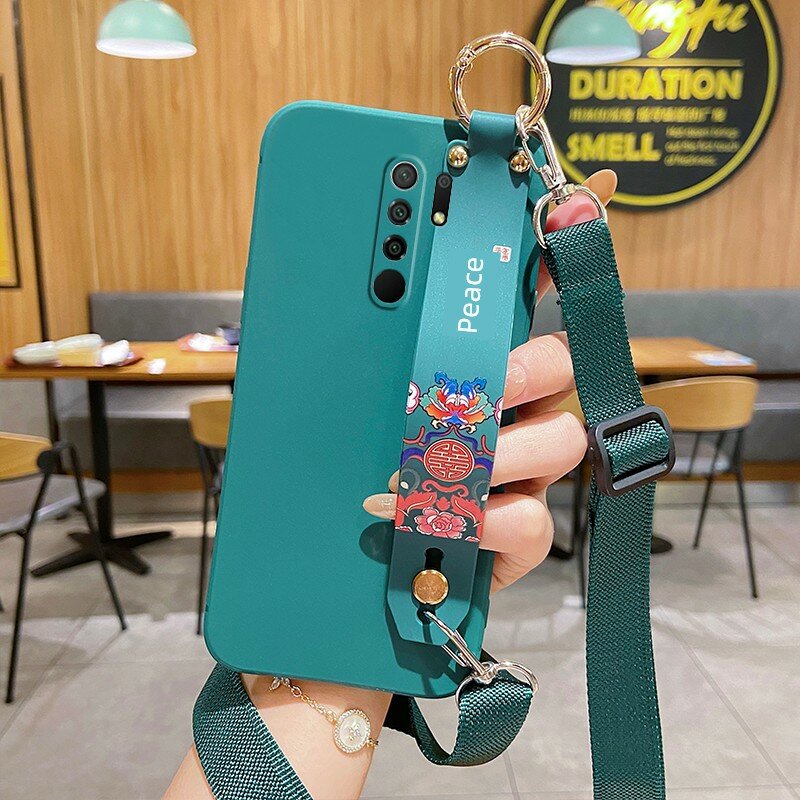 Чехол для Redmi 9 из силикона с защитой от падений и браслетом - прямые края, темно-зеленый, мир
