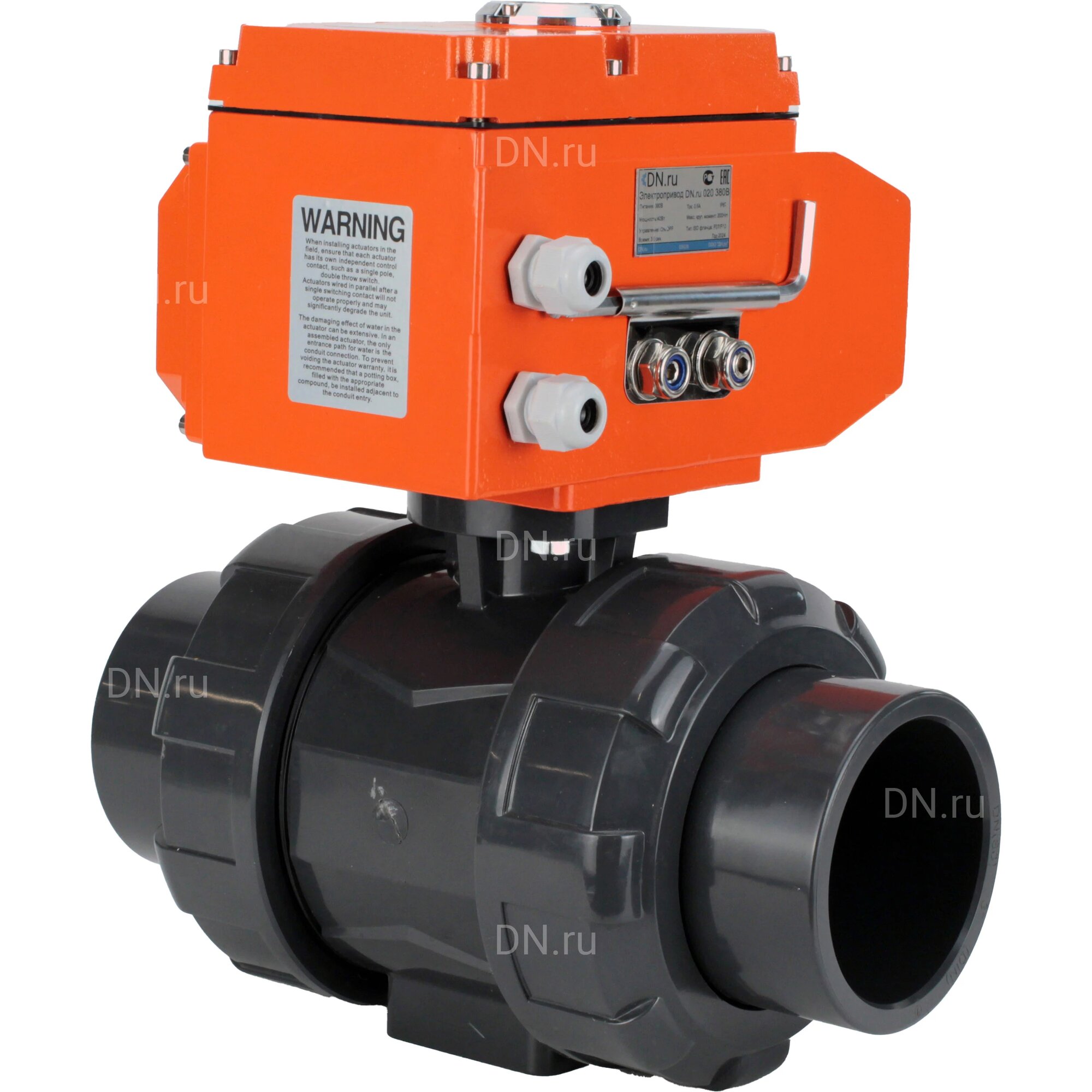 Кран шаровой DN.ru НПВХ-НПВХ-E-FP-GRM-ISO Дн40 Ру10 полнопроходной, клеевой с разборным муфтовым соединением, корпус - НПВХ, шар - НПВХ, уплотнение - EPDM, с электроприводом DN.ru QT2-003 220В