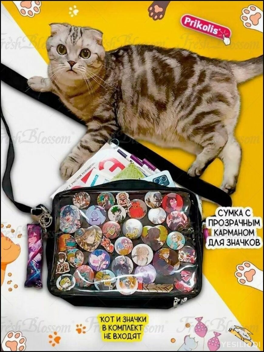 Сумка с прозрачным карманом для значков через плечо Черная