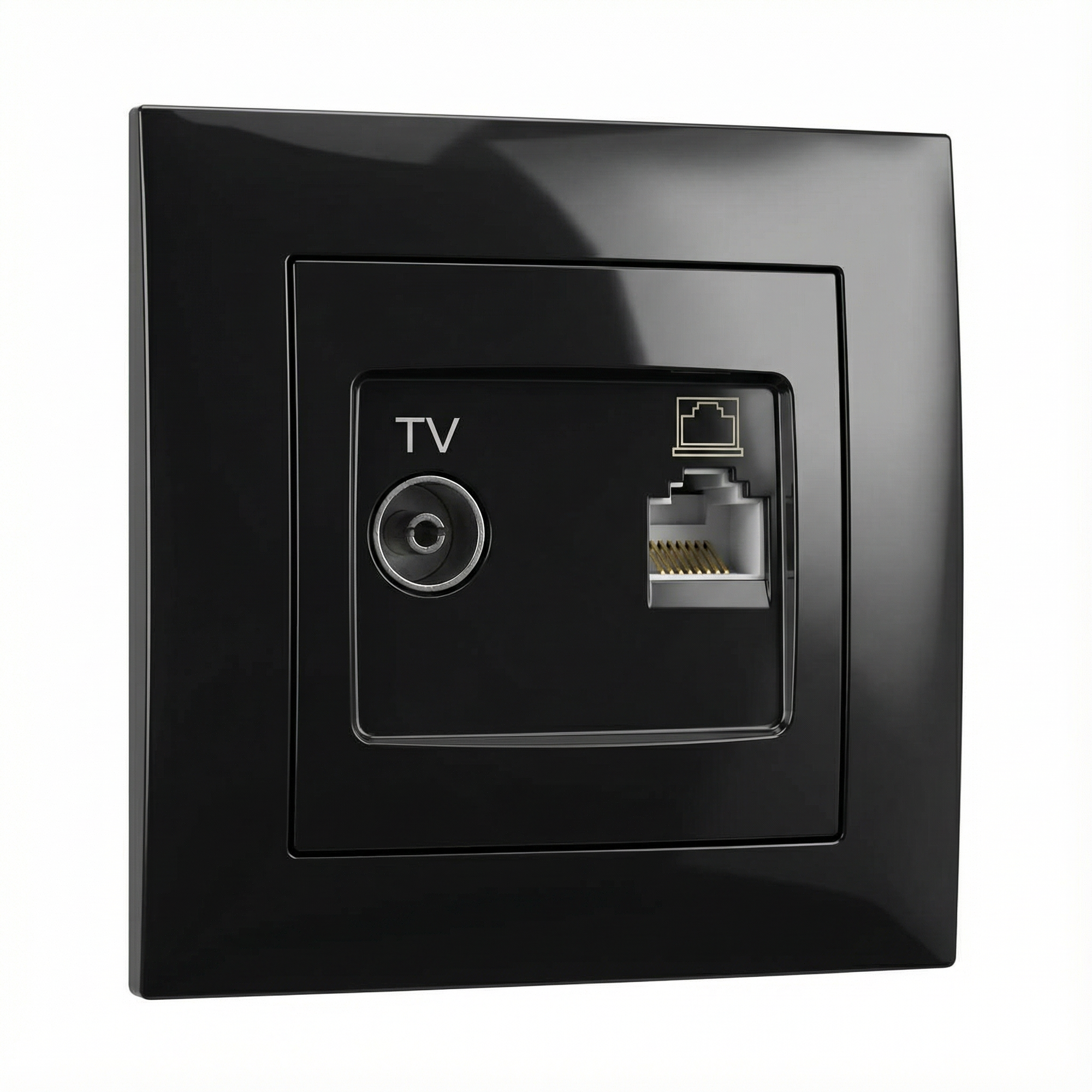 CTM 9202-PC+TV: Двойная розетка компьютерная + телевизионная (RJ-45 + TV), черная, скрытый монтаж, для интернета и ТВ