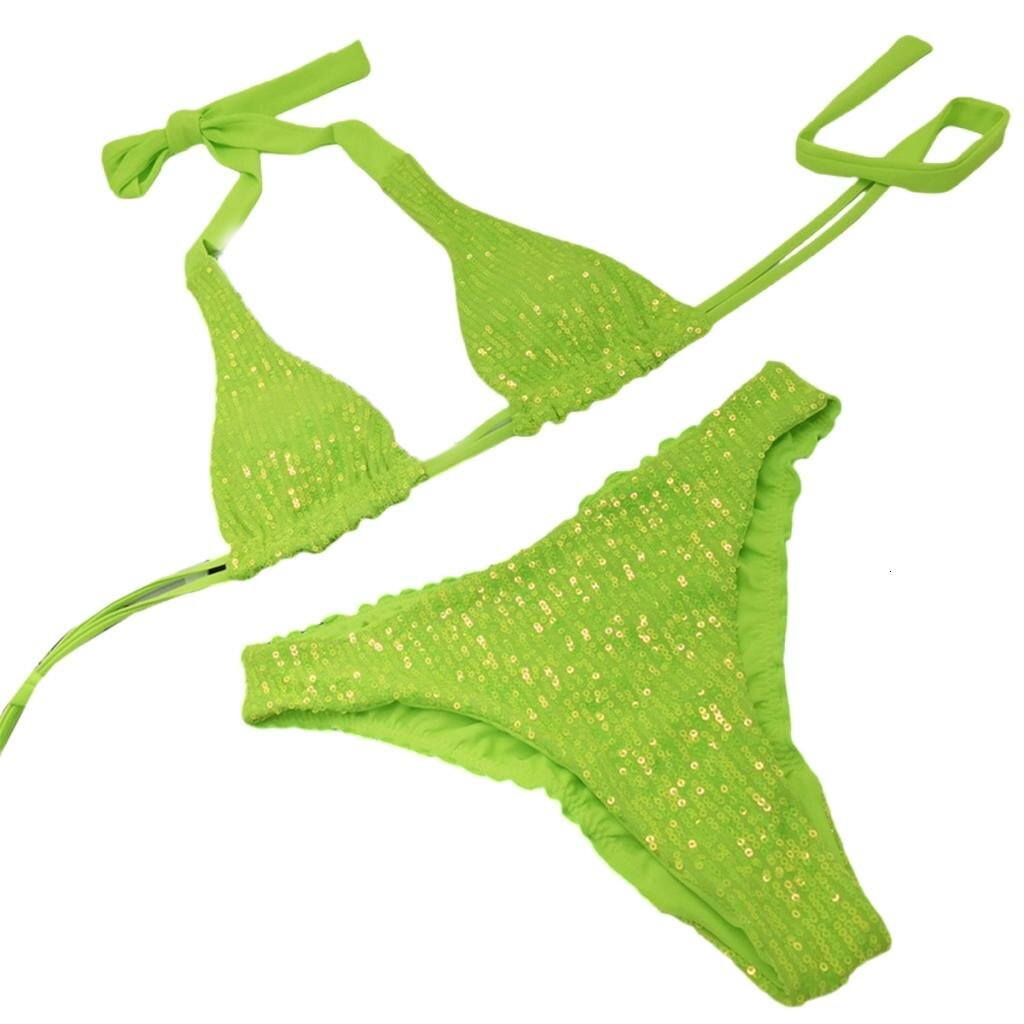 Блестящий двухкомпонентный купальник с бретельками, Зеленый - L