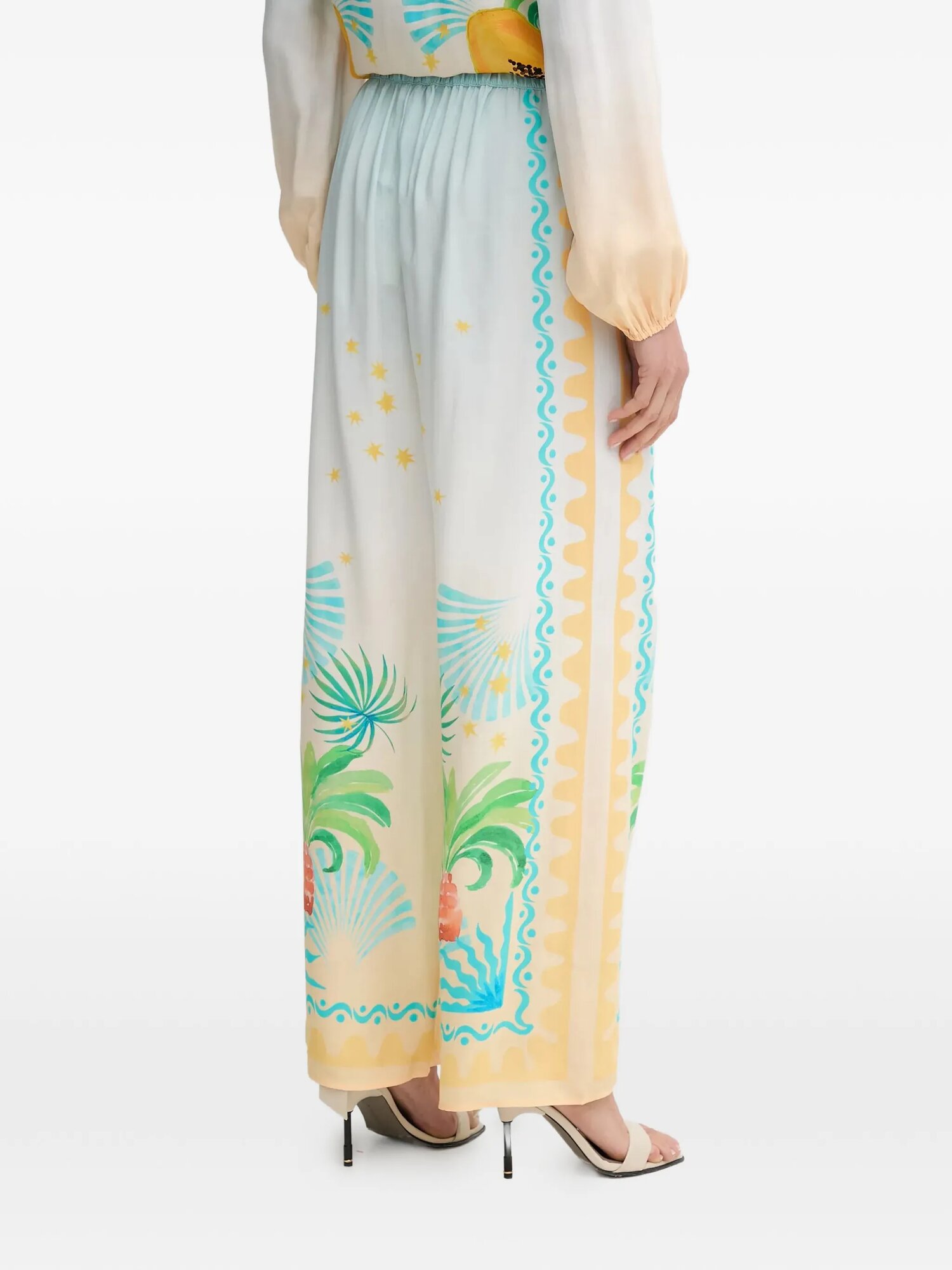 Брюки Never Fully Dressed Graphic-printed palazzo trousers, размер 42, бежевый/белый — фото 1