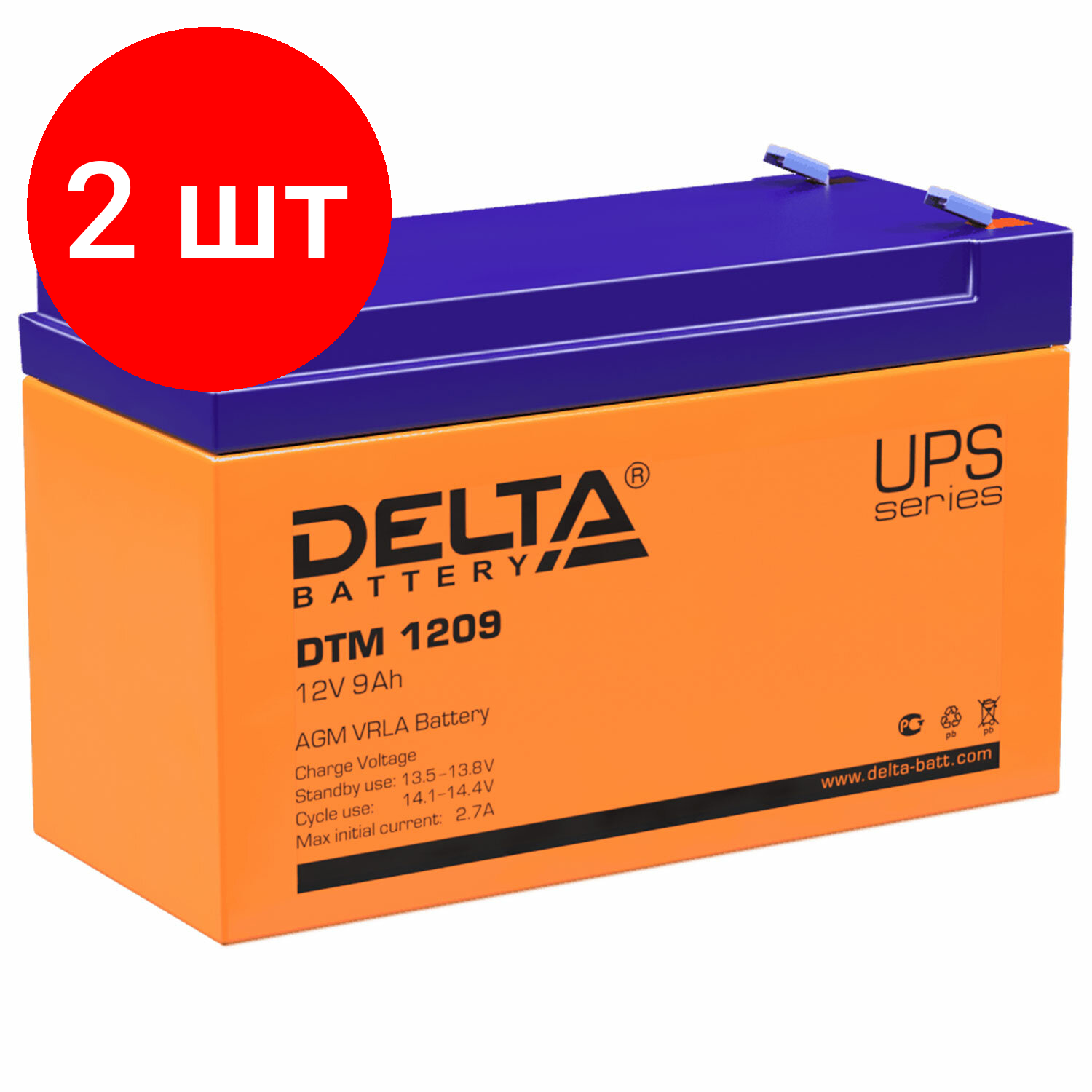 Комплект 2 шт, Аккумуляторная батарея для ИБП любых торговых марок, 12В, 9 Ач, 151х65х94мм, DELTA, D, DTM 1209