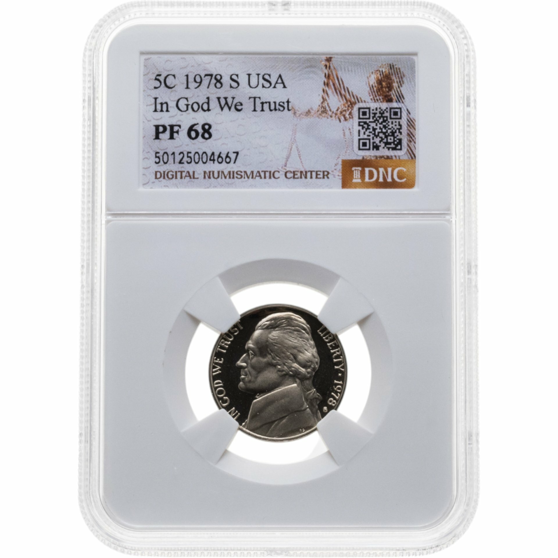 США 5 центов cents 1978 S "Jefferson Nickel Джефферсон" в слабе DNC PF68, Мельхиор медь-никель