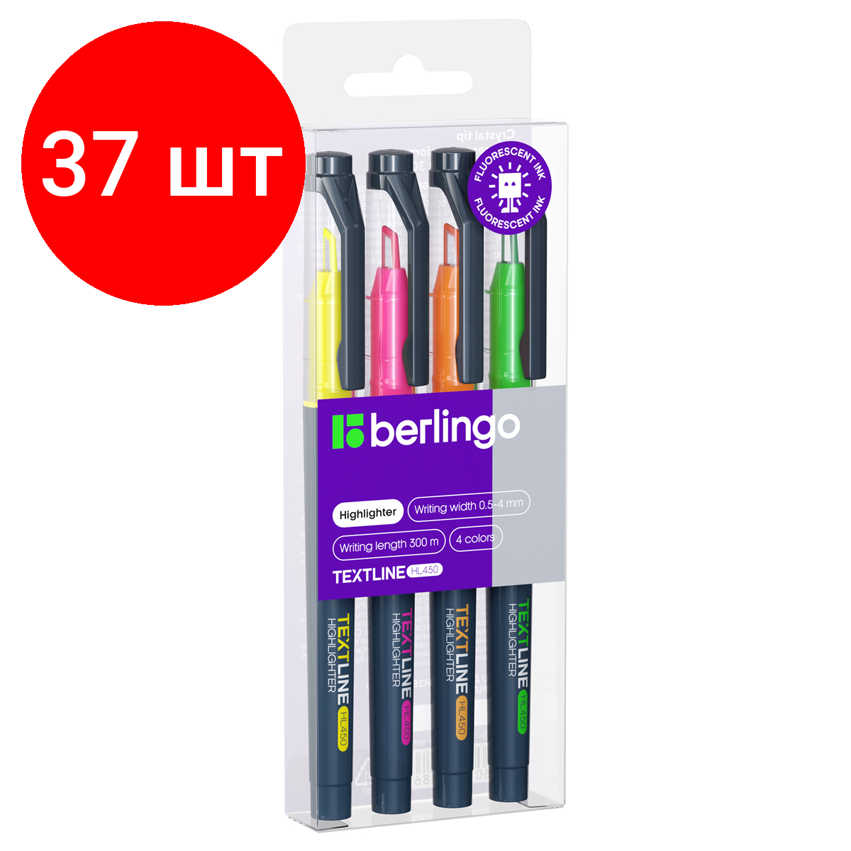 Комплект 37 шт, Набор текстовыделителей Berlingo "Textline HL450" 04цв, 0.5-4мм, европодвес