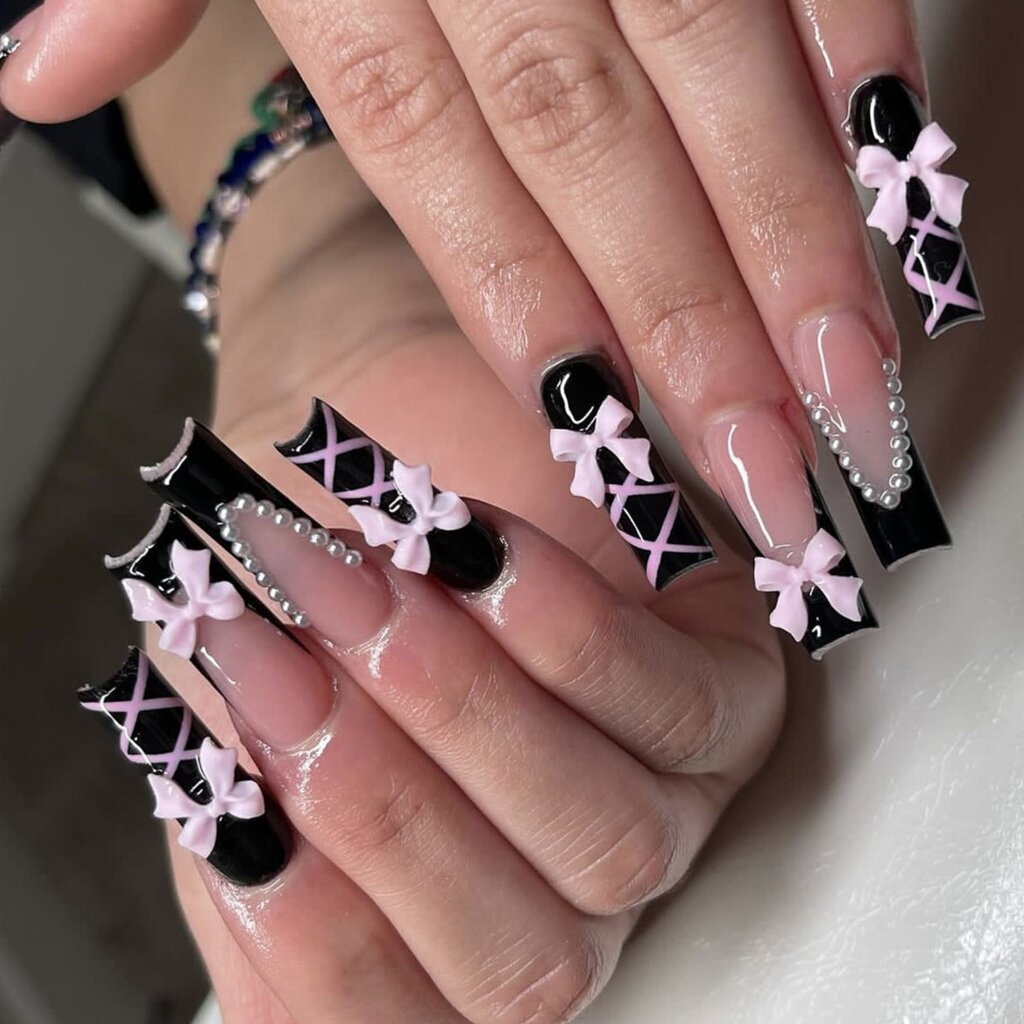 Press on Nail Coffin Длинный Черный Глянцевый Накладной Акриловый Квадратный Французский Накладной Ноготь с Бантиками Дизайн Искусственного Ногтя