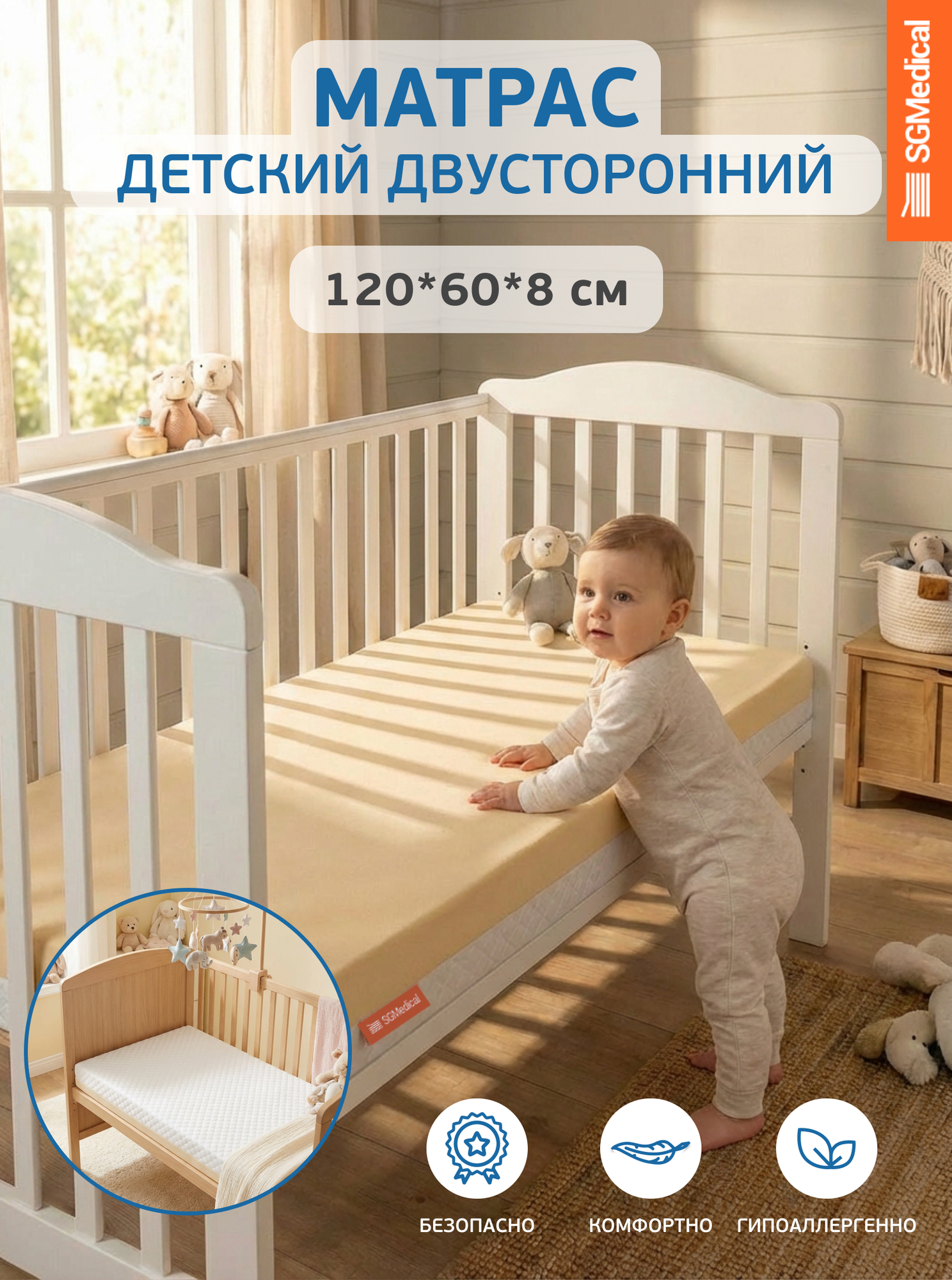 Матрас SGMedical в детскую кровать двусторонний односпальный 120х60х8см