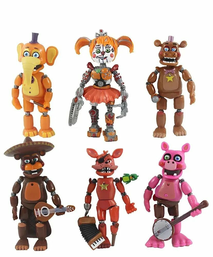 Набор фигурок Аниматроники фнаф , Five Nights at Freddy 's/Пять ночей у Фредди Слон Орвилл, Бейби, Фредди, Эль Чип, Фокси, Пигпатч / разборные 6шт (14 см, пакет)