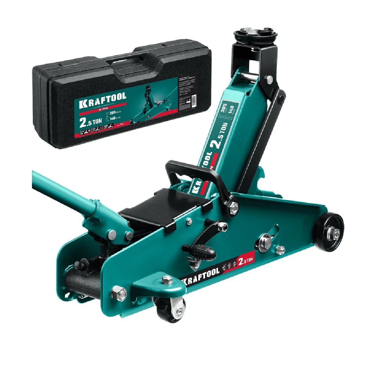 Подкатной домкрат Kraftool S-PIN 2.5т, 140-385 мм, 43457-2.5-K, кейс, зеленый