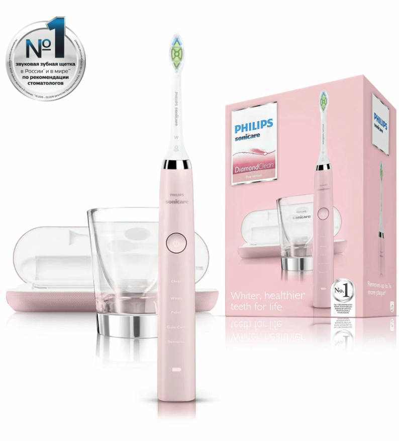 Электрическая зубная щетка Philips Sonicare Diamond Clean HX9362, 5 режимов, 2 насадки, датчик давления, таймер, зарядный стакан и зарядный футляр, розовая