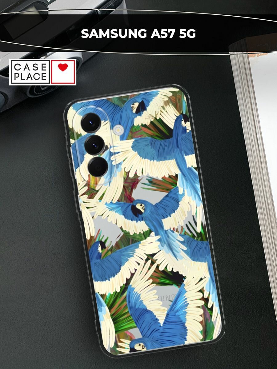 Чехол на Samsung Galaxy A57 5G / Самсунг Галакси А57 5G с принтом Синие попугаи, прозрачный