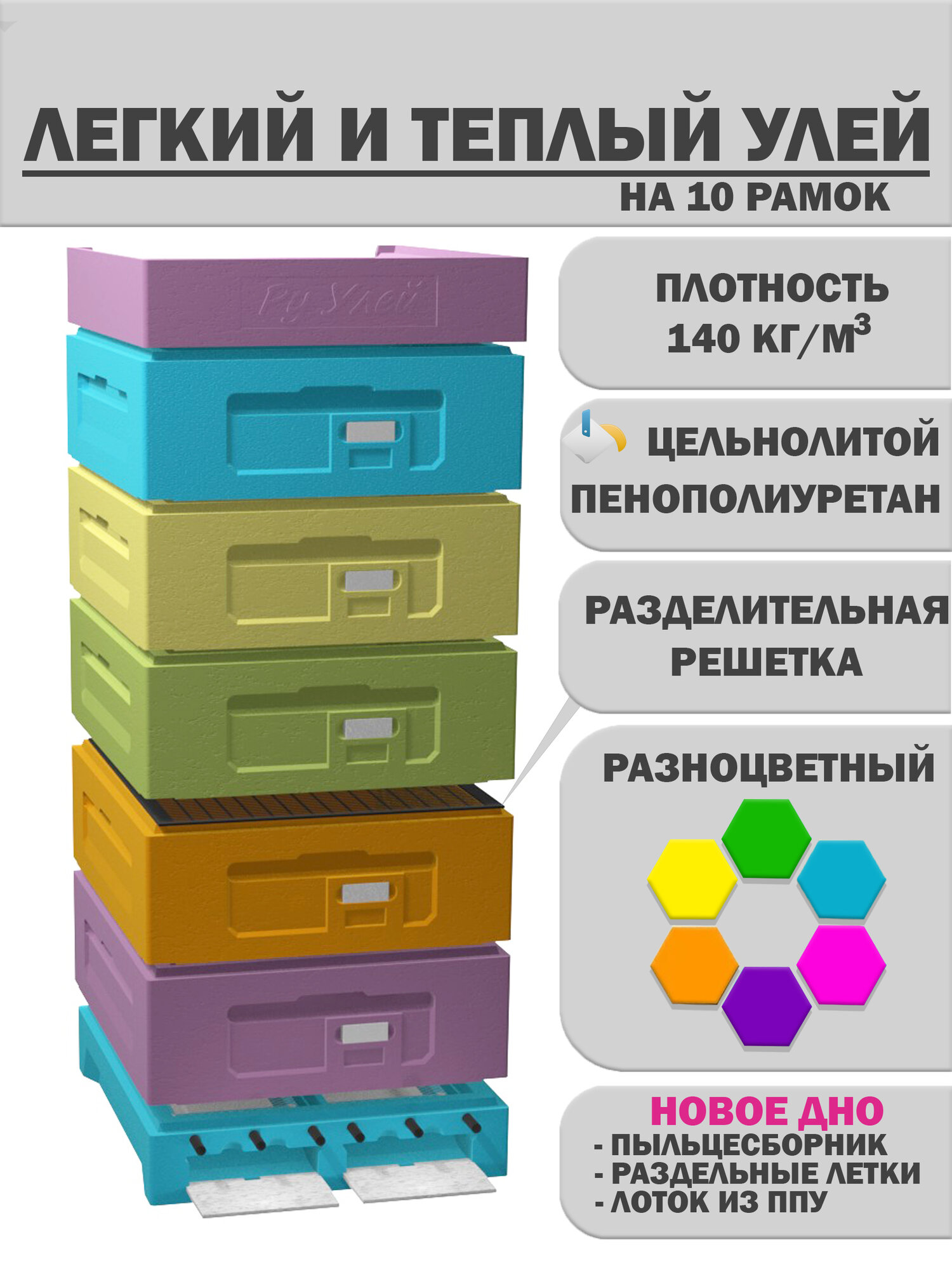 Улей для пчел ППУ 10 рамочный "Ру Улей", комплект 5 магазинов