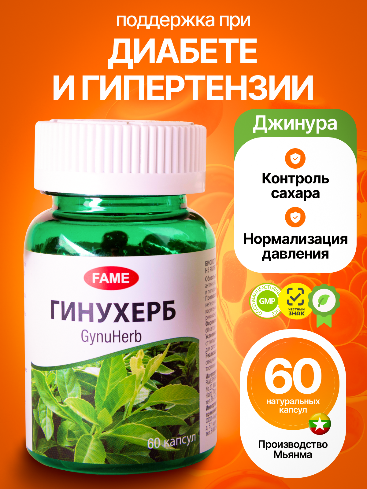 БАД FAME Джинура "Гинухерб" при диабете, повышенном холестерине, давлении, гипертензии