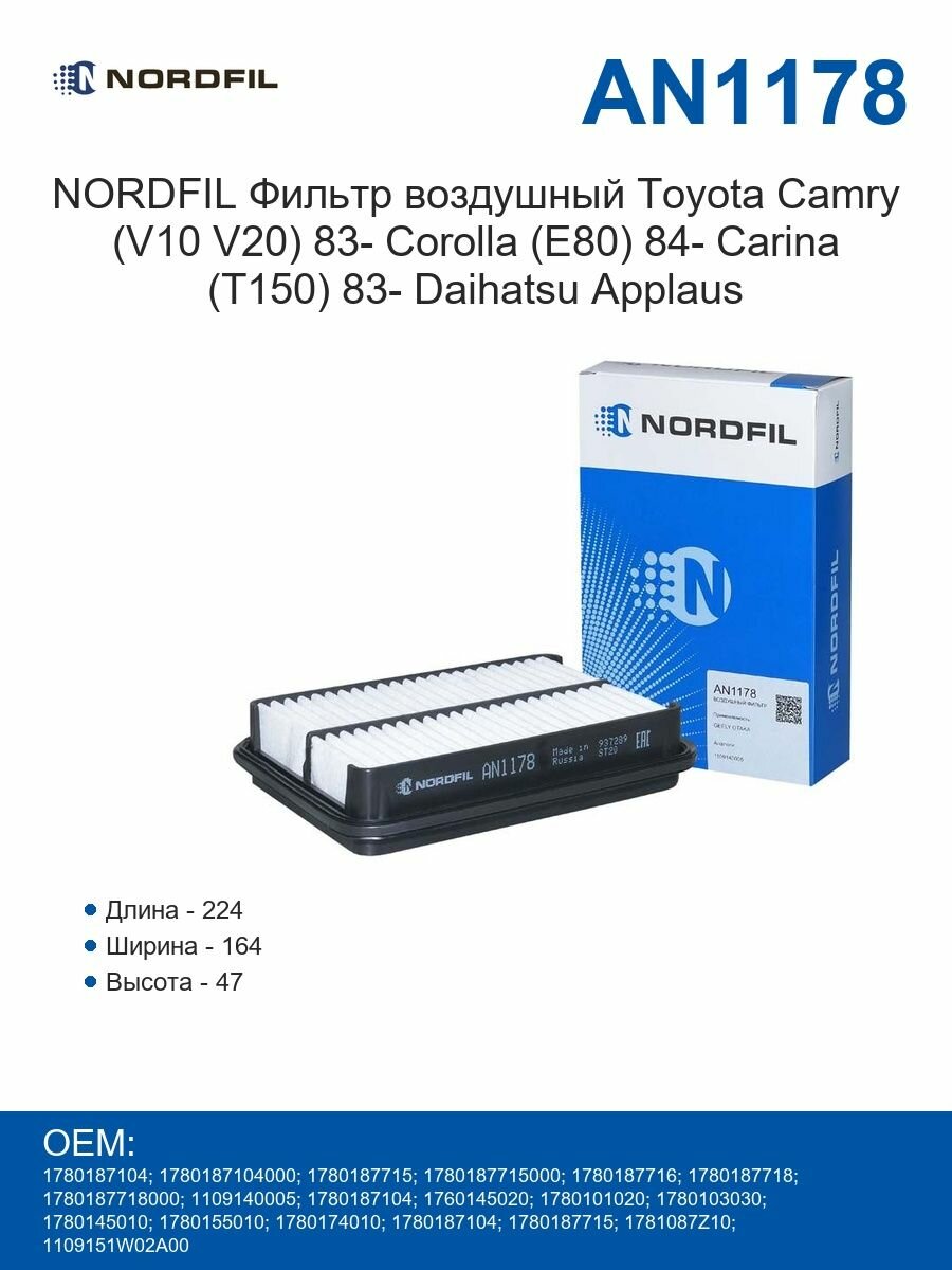 NORDFIL Фильтр воздушный Toyota Camry (V10 V20) 83- Corolla (E80) 84- Carina (T150) 83- Daihatsu Applaus