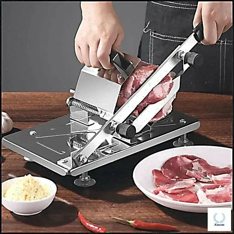Слайсер STEEL SLICER для тонкой нарезки замороженного мяса и сырокопченых колбас - регулируемая толщина, устойчивая конструкция, нержавеющая сталь, удобный держатель, для кухни и готовки
