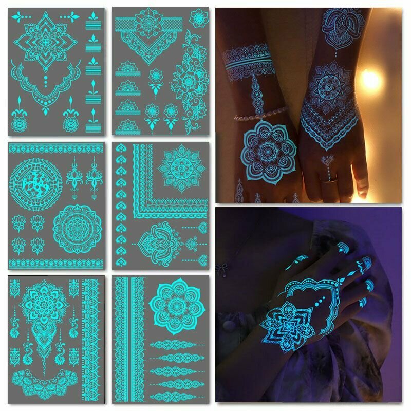 Белая хна татуировка наклейка красивое кружево на тыльной стороне руки цветок бабочка невеста светящаяся наклейка, светящийся стикер для запястья и ключицы