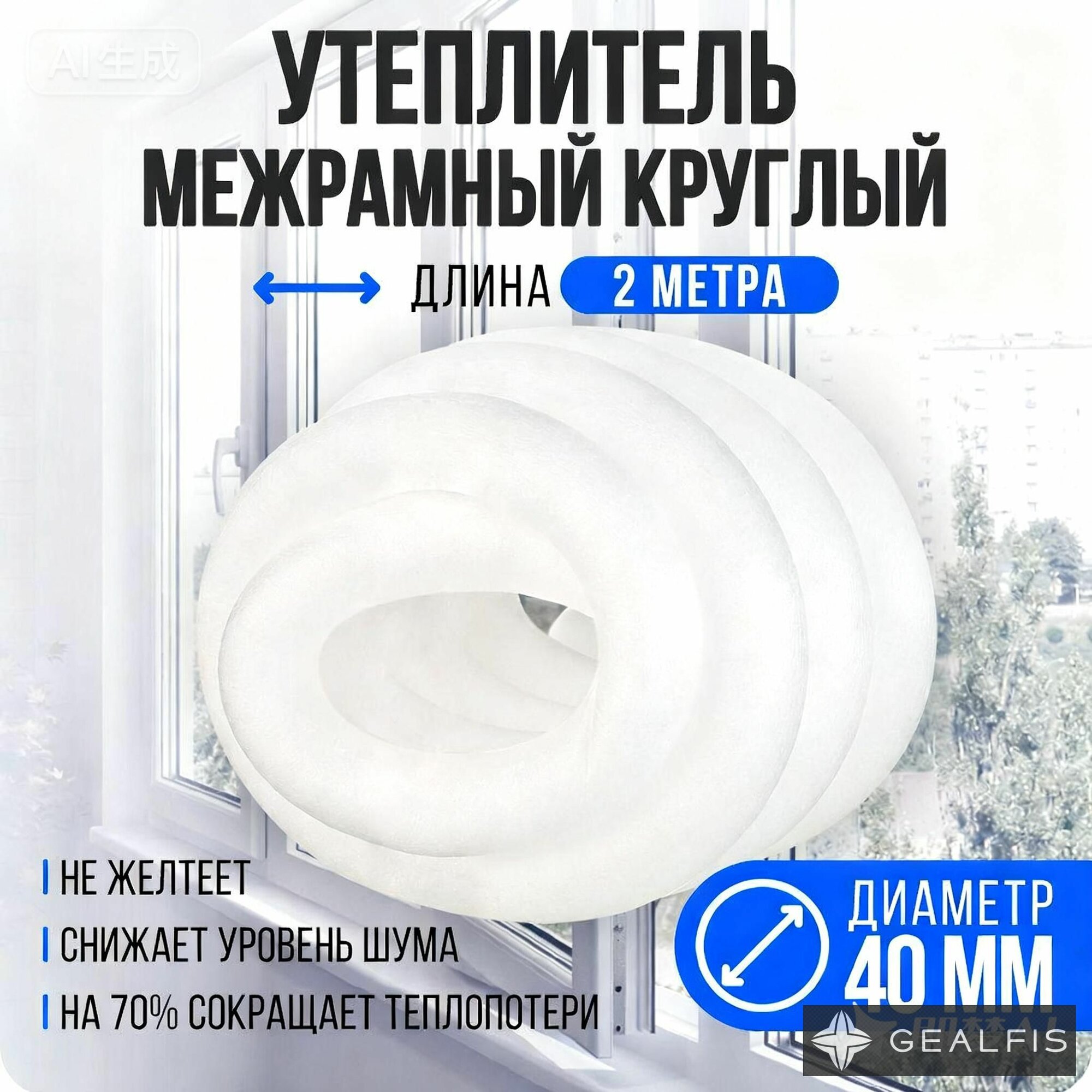 Утеплитель для окон и дверей круглый D40мм, 2 метра