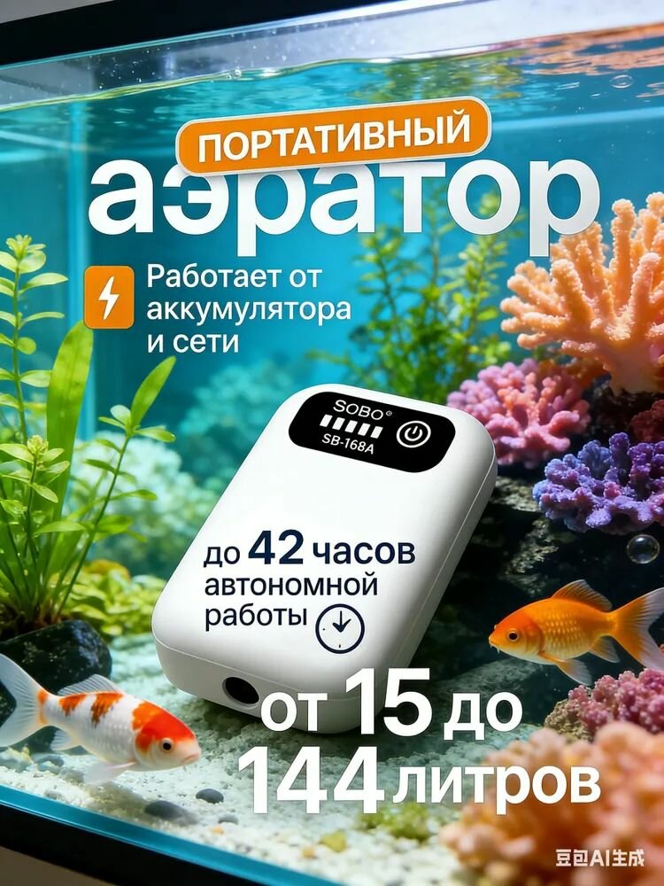 Воздушный тихий компрессор аэратор ***SoDaRu*** на аккумуляторе для аэрации аквариума с рыбками объемом от 15 до 144 литров