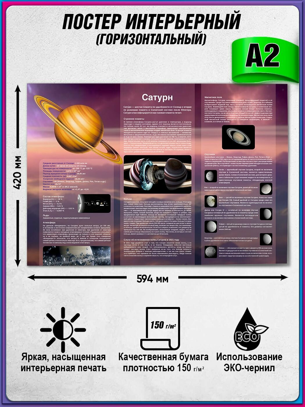 Плакат космос "Планета Сатурн" / Интерьерный космический постер / А-2 (42x60 см.)