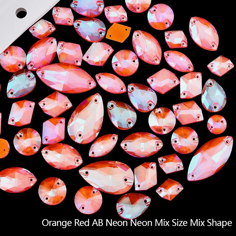 Стразы стеклянные Orange Red AB Neon, mix shape, 100шт