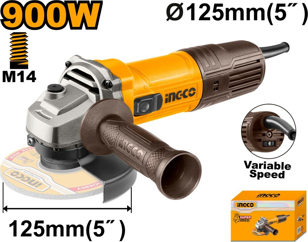 Угловая шлифовальная машина 125мм 900Вт рег. оборт. SUPER INGCO AG900285 INDUSTRIAL