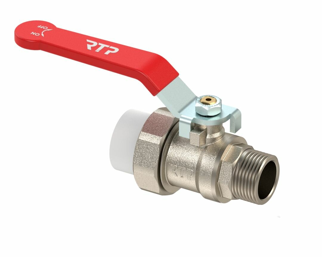 Кран шаровой ручка рычаг, латунь, с переходом на трубу PPR/наружная резьба 20х1/2", никель, RTP