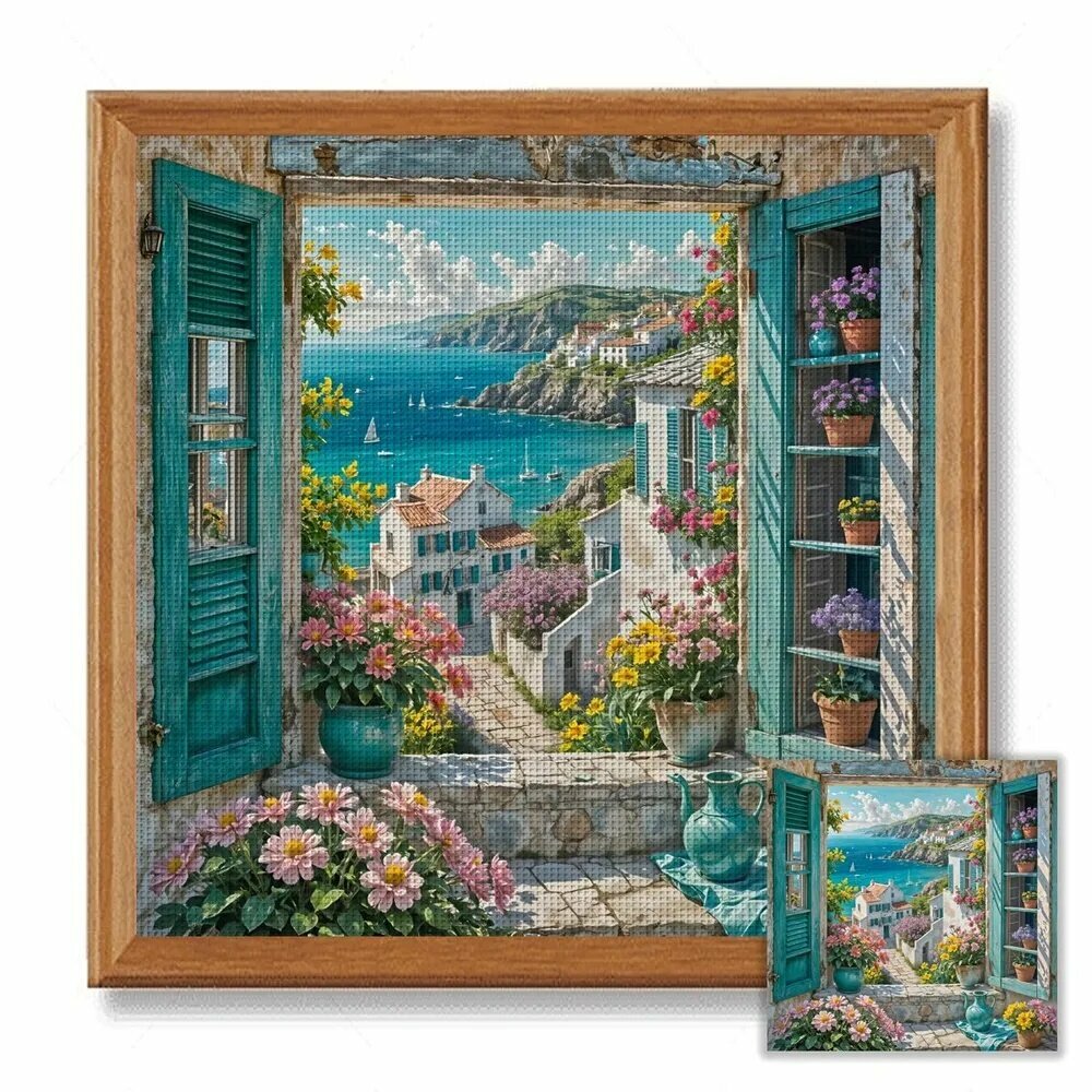 1 бескаркасная 14CT крестовая вышивка 40 * 40cm / 15.7 * 15.7in, приморский город, 26 цветов с иголками, нитками, чертежами, холстом.