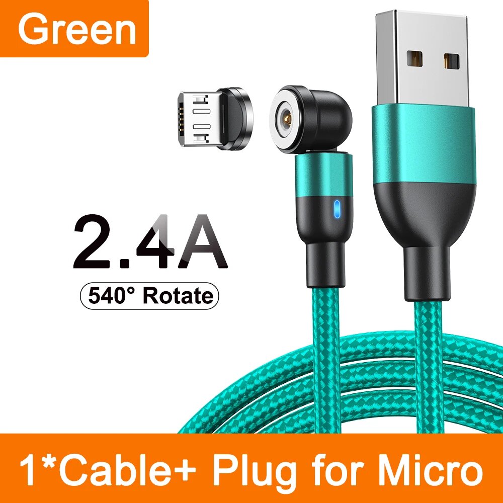 Магнитный кабель Micro USB 3м, Green, 540° Rotate