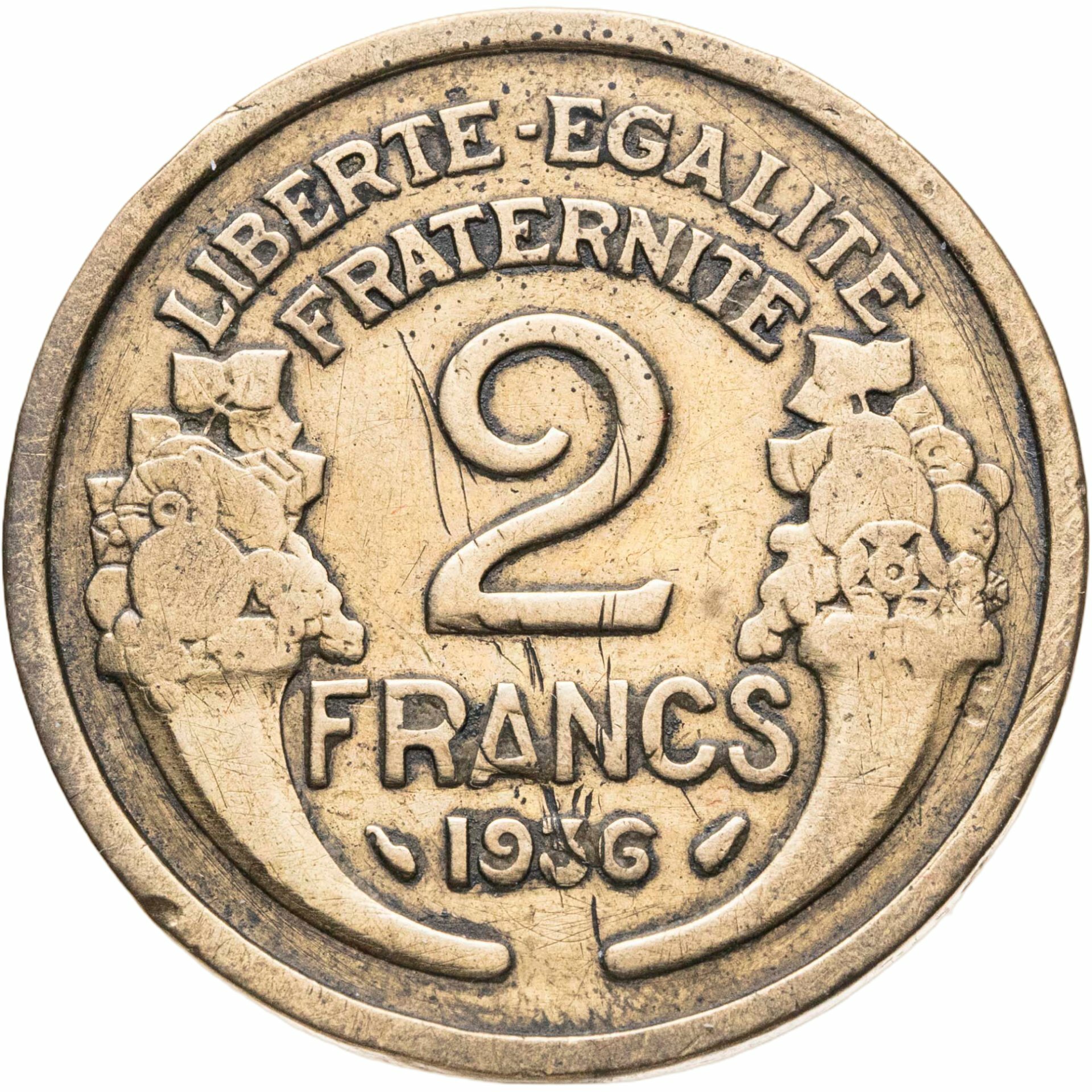 Франция 2 франка francs 1936, Бронза, в сохранности F-VF