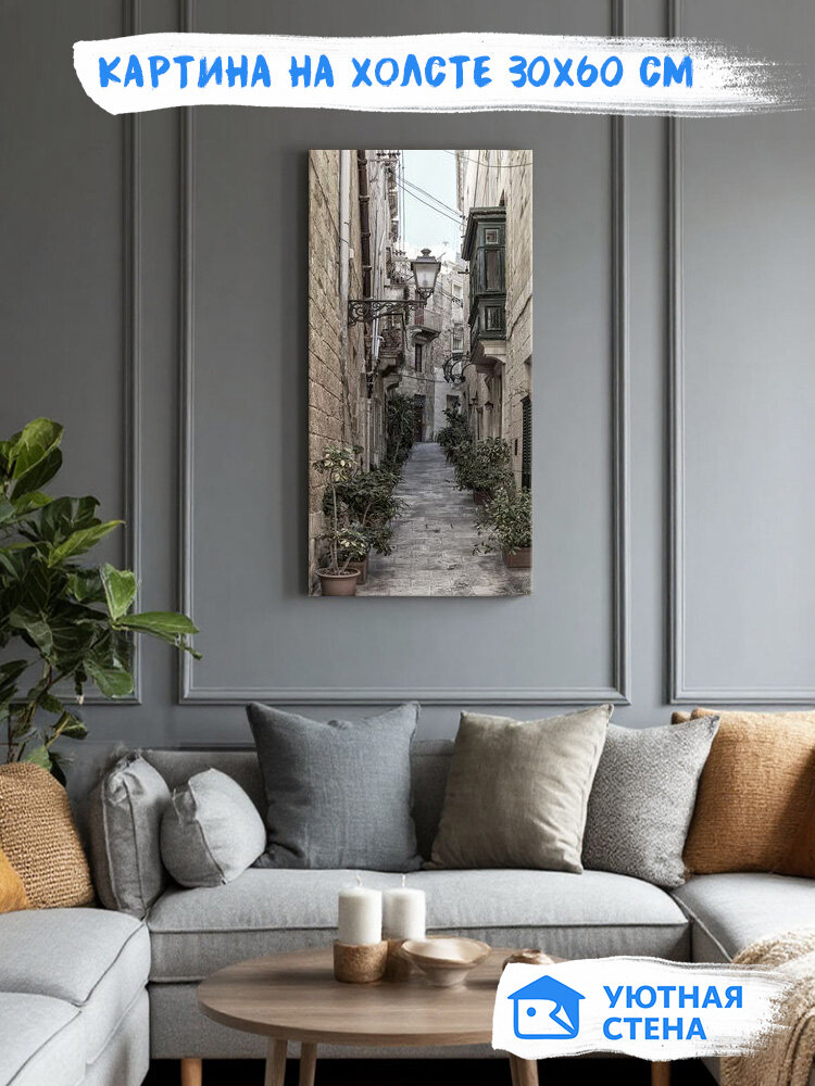Картина на натуральном холсте Уютная стена "Узкая улочка в центре Биргу. Мальта" 30х60 см