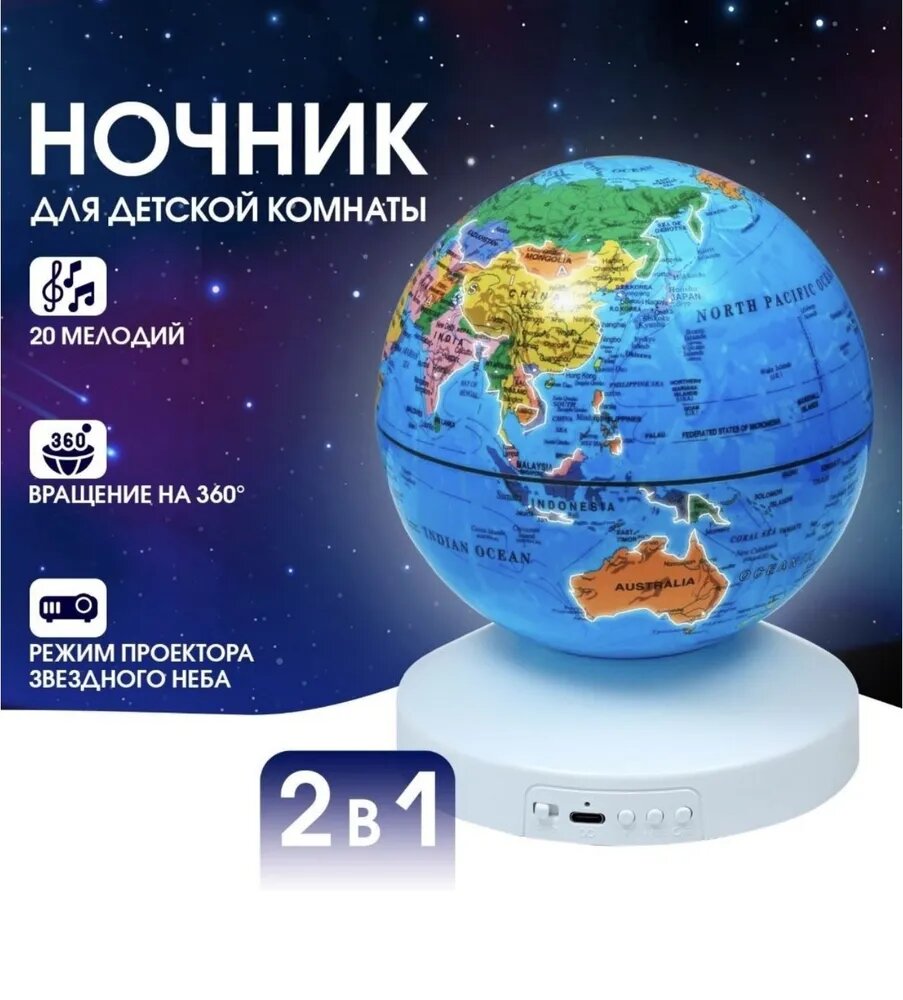 Ночник "Глобус" звездное небо, детский ночник-проектор, ночник голубого цвета