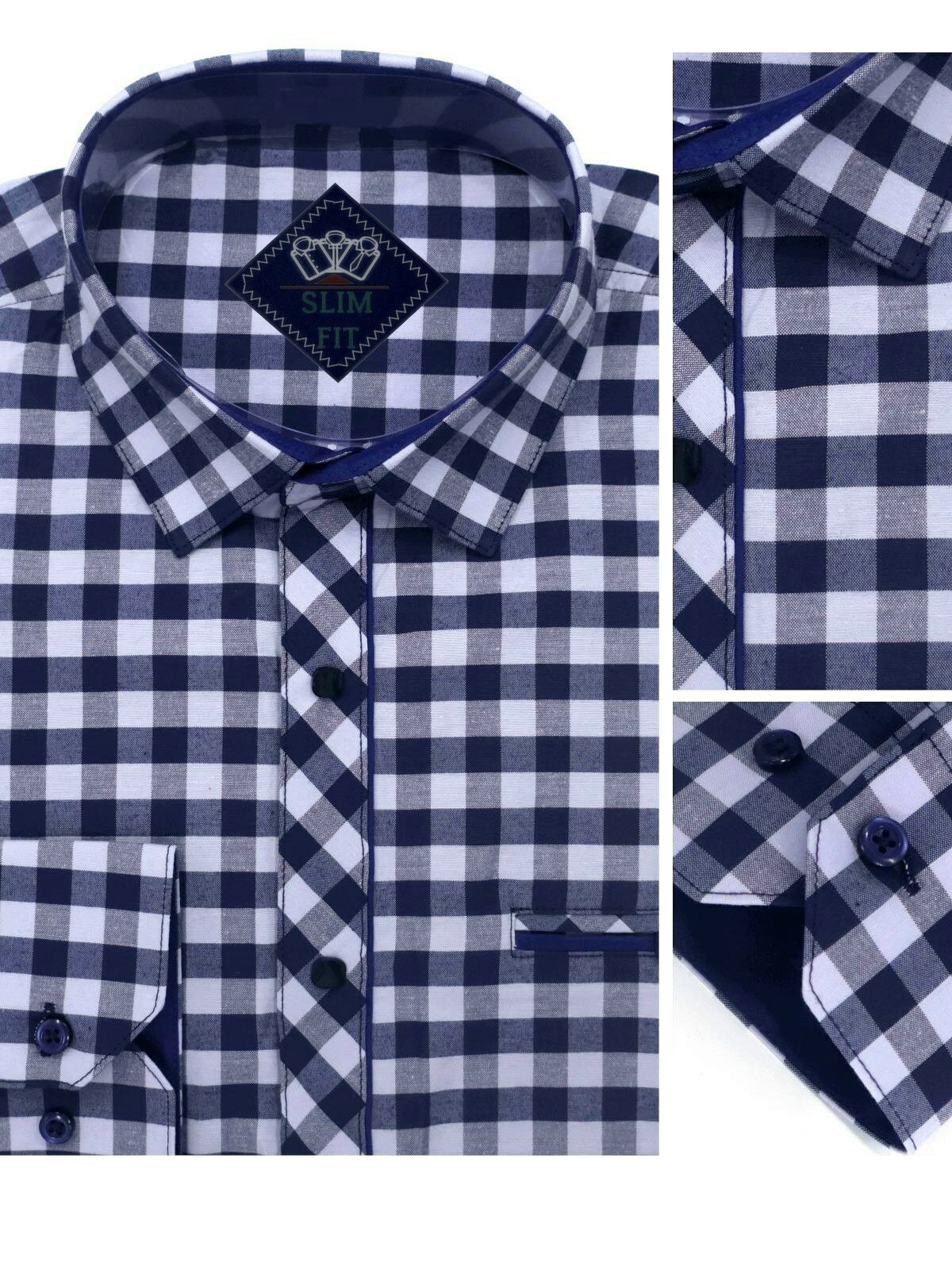 Рубашка Мужская рубашка с длинным рукавом приталенная, светлая сорочка на кнопках и пуговицах, рубаха на любой сезон, разноцветная клетка, без карманов, с отделкой рубашка Slim fit с приталенным кроем зауженн