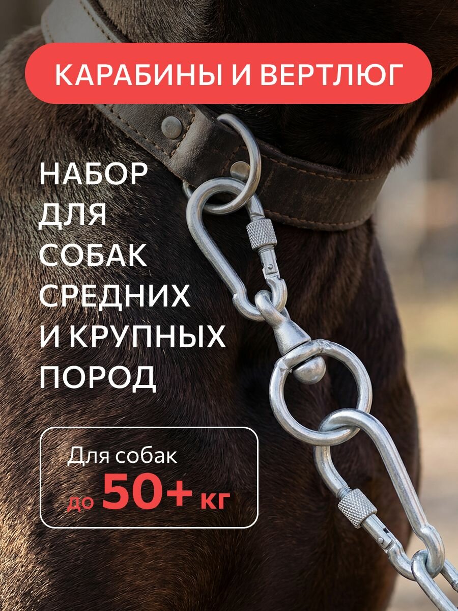 Карабины усиленные для собак крупных и средних пород с вертлюгом для цепи, карабин DIN 5299D 7 мм с муфтой 2 шт и вертлюг №8 для привязи до 180 кг, фурнитура для ошейников и поводков