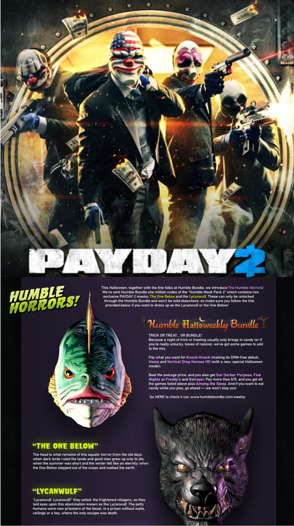 Дополнение PAYDAY 2 Lycanwulf and The One Below Masks DLC для Steam PC(ПК), Русский язык, электронный ключ