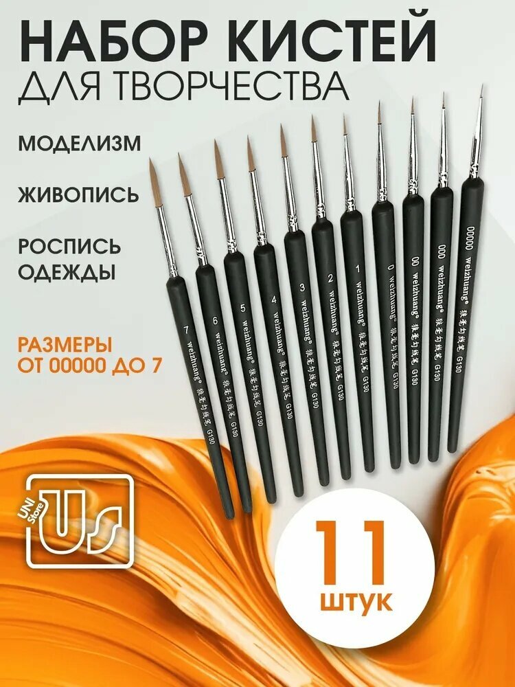 Набор кистей для моделирования миниатюр, 11 шт