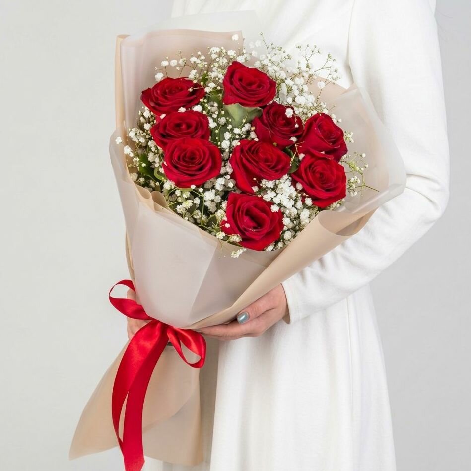 Дуо-букет Мегацвет24 "Роза и Гипсофила", красный/белый, дизайнерская упаковка