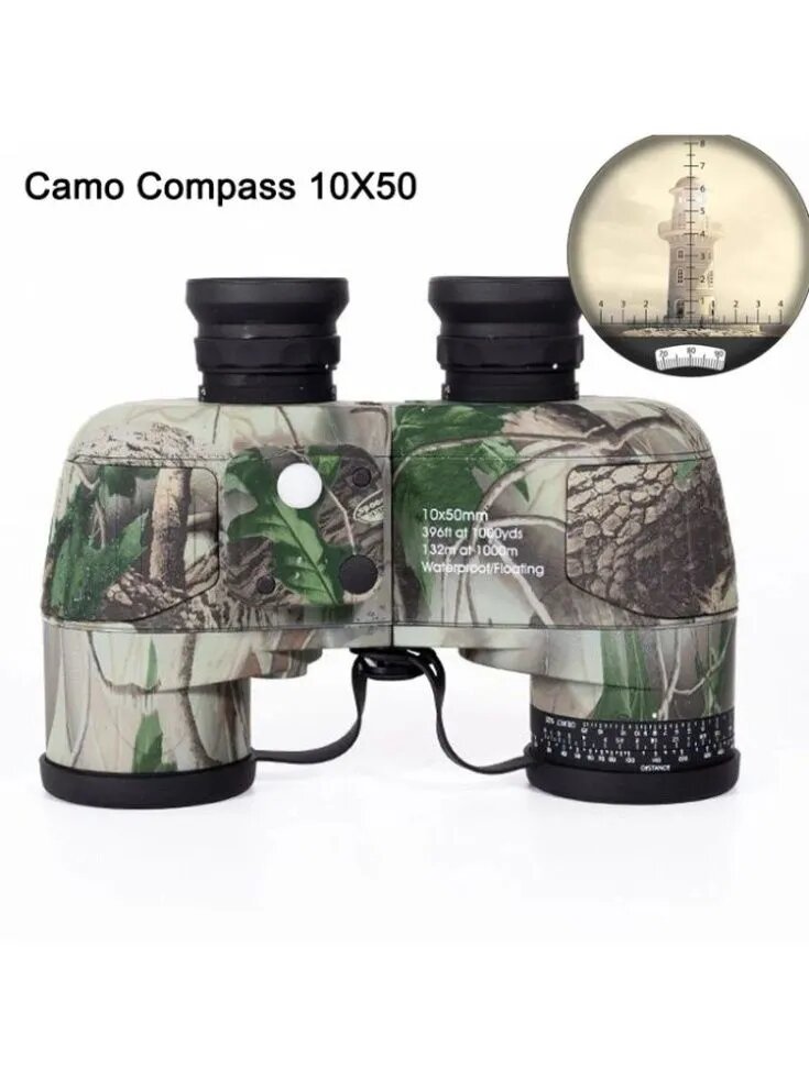 Camo Compass 10X50 Морской бинокль 10x50 с дальномером и компасом для взрослых, объектив FMC, водонепроницаемый телескоп IPX7 для наблюдения за птицами, охоты, катания на лодках