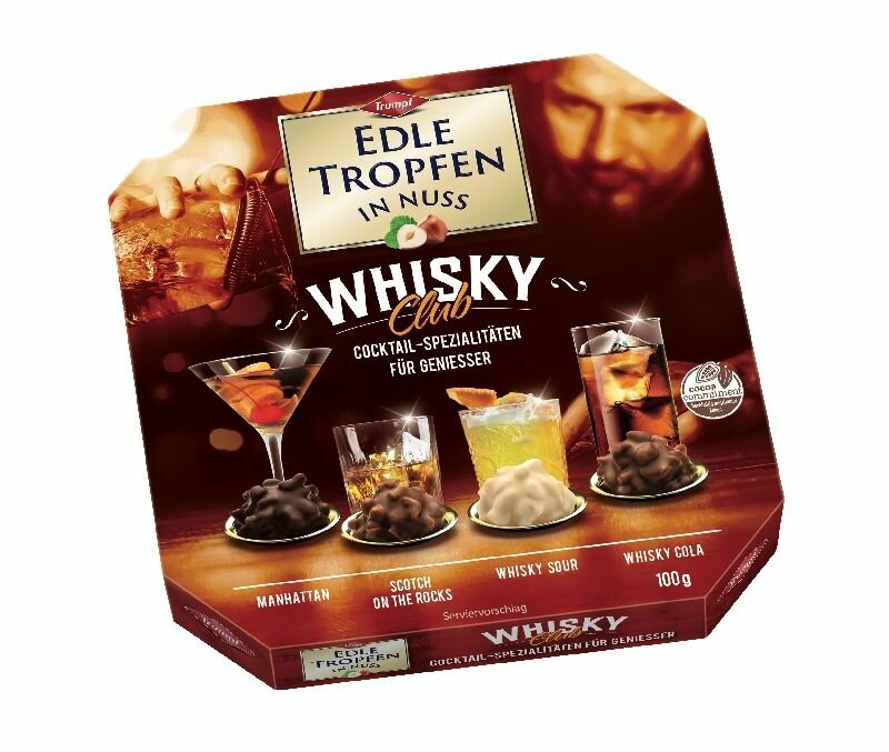 Конфеты TRUMPF EDLE TROPFEN IN NUSS Gin & Whisky Club пралине с алкоголем /картон/ 200г