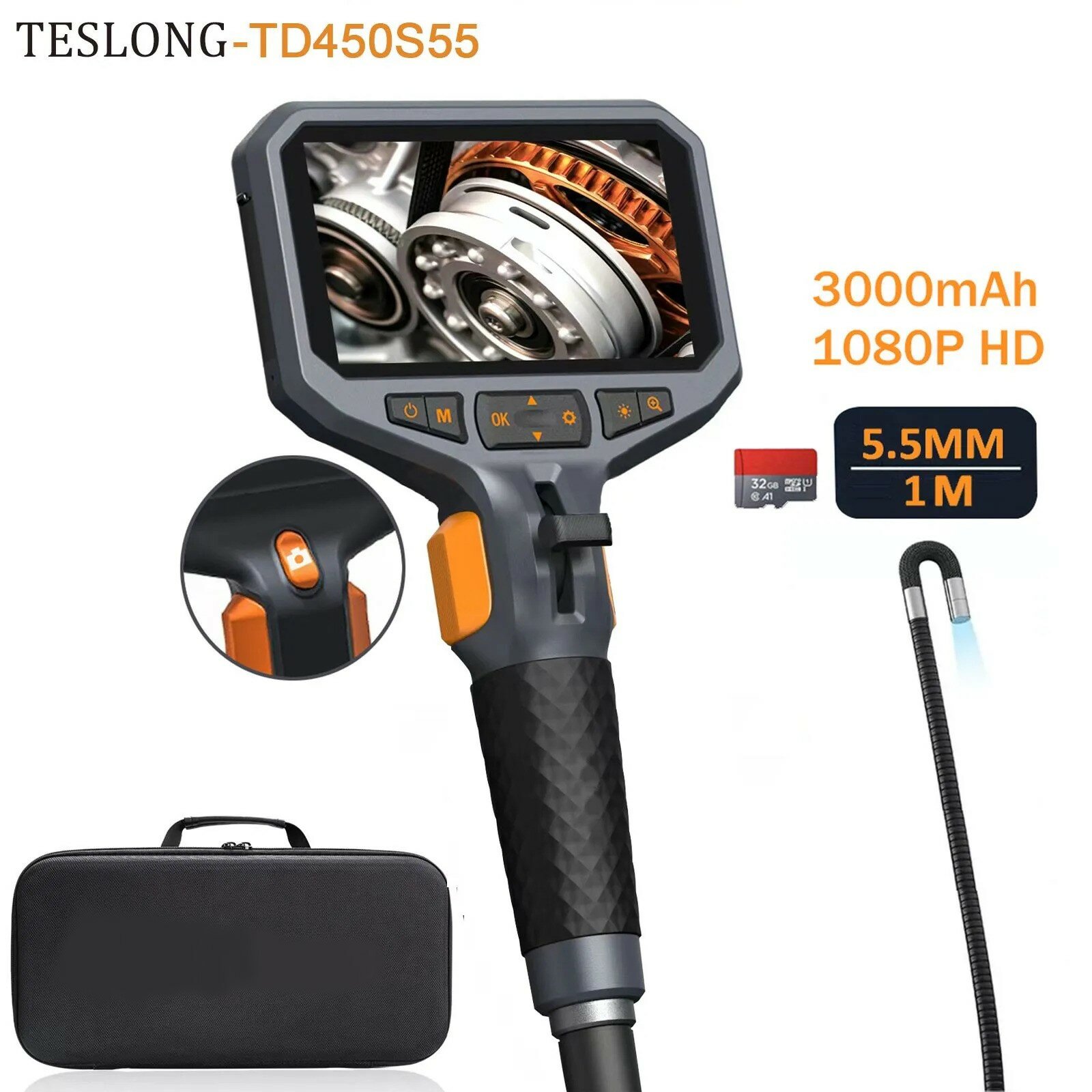 Эндоскоп управляемый с экраном TESLONG TD450S55 5.5мм 1м поворотная камера с артикуляцией