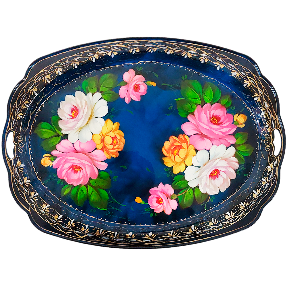 Поднос металлический, овальный, "Театр цветов", жостово 40/30см.
