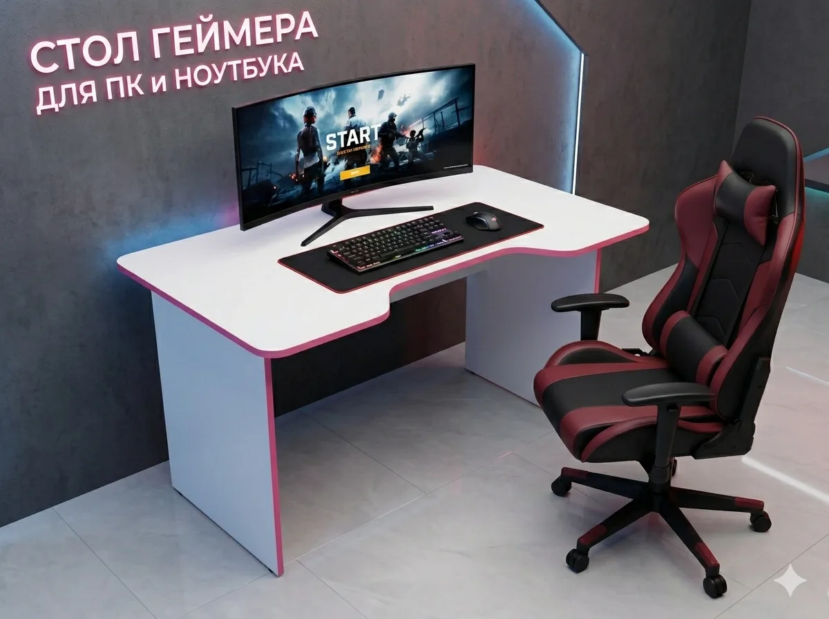 Стол компьютерный игровой, белый ЛДСП/розовый кант,130Х75Х78 СМ