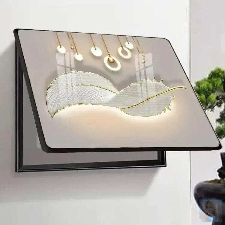 Картина на стену с подсветкой, изображение пера, декоративное панно с золотым контуром