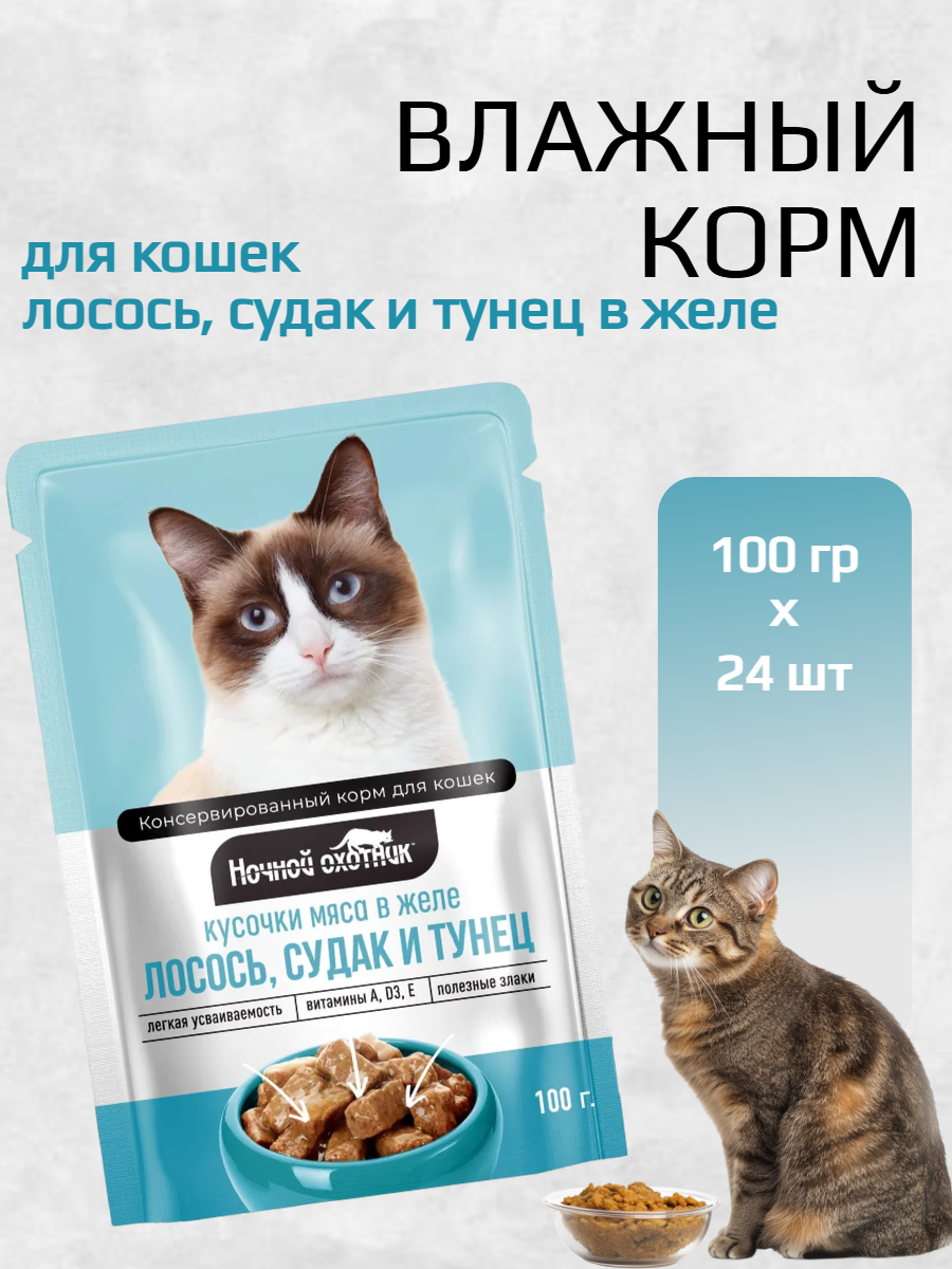 Ночной охотник для кошек с лососем, судаком и тунцом в желе 100 гр х 24 шт