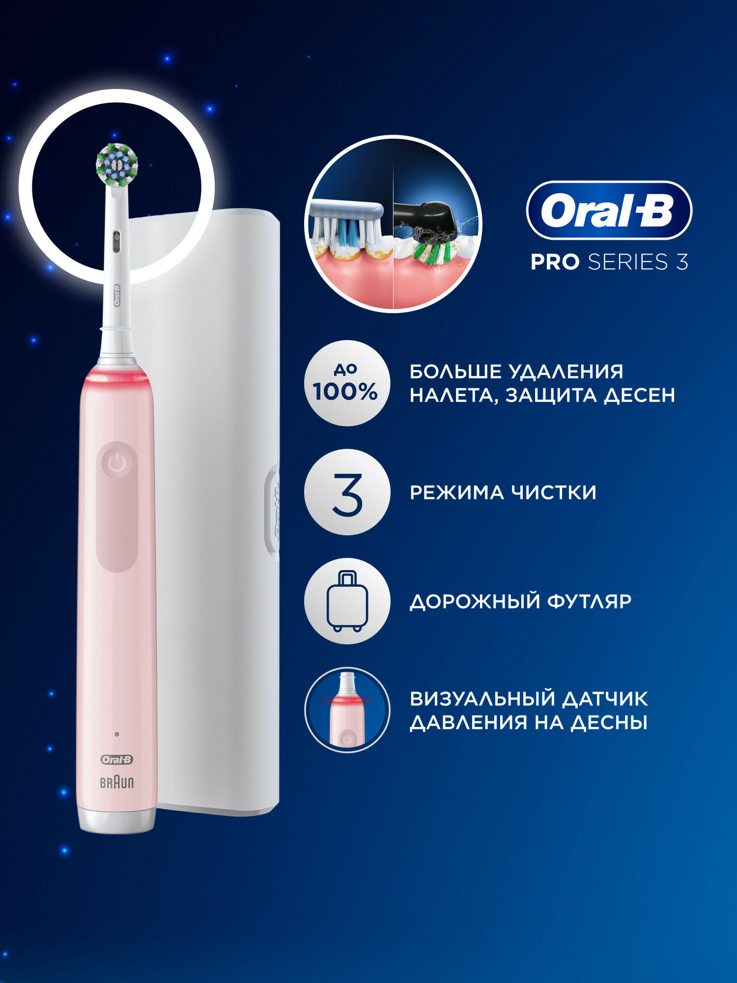Электрическая зубная щётка Oral-B Pro Series 3, 1 сменная насадка, дорожный футляр, с визуальным датчиком давления, Розовая