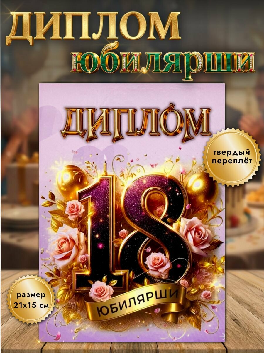 Диплом открытка подарочный "Юбилярша 18 лет", поздравительная открытка, подарок девушке на юбилей