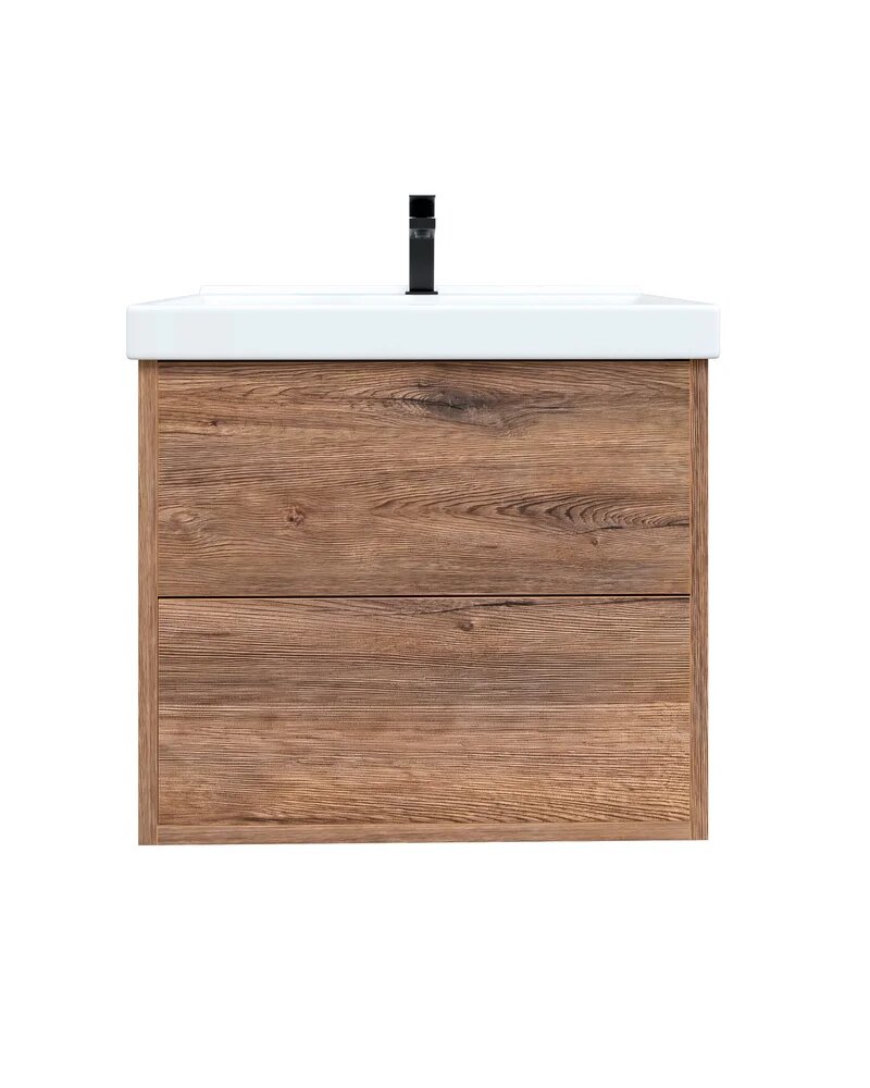 Тумба с раковиной SanStar Siva 60 подвесная, 60, 5 см, коричневая, матовая, из МДФ, с ящиками, раковина для ванной, фарфоровая, прямоугольная, встроенный слив-перелив