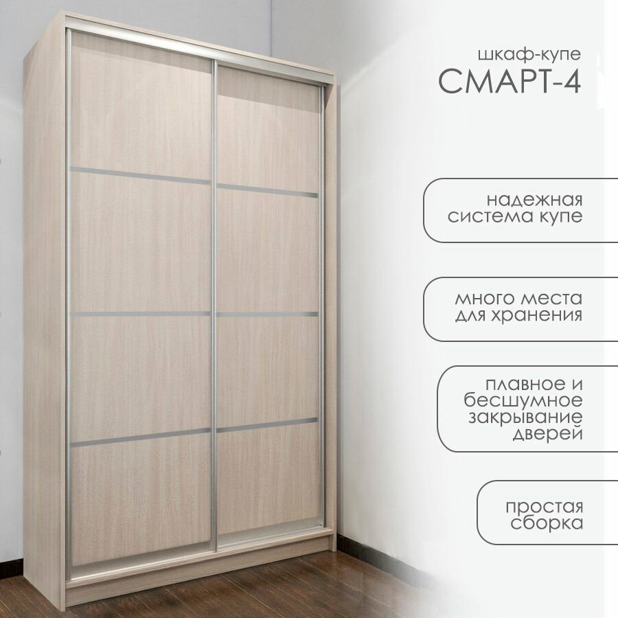 Шкаф-купе Смарт-2, 110*220*40, шимо светлый, серебро матовое, без зеркал, платье/белье