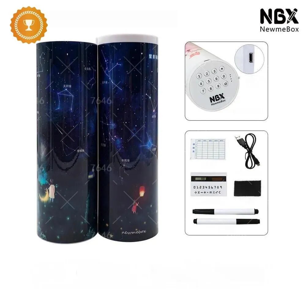 Пенал-органайзер для канцелярии NGX NewmeBox с кодовым замком и калькулятором для школы и дома, цилиндр